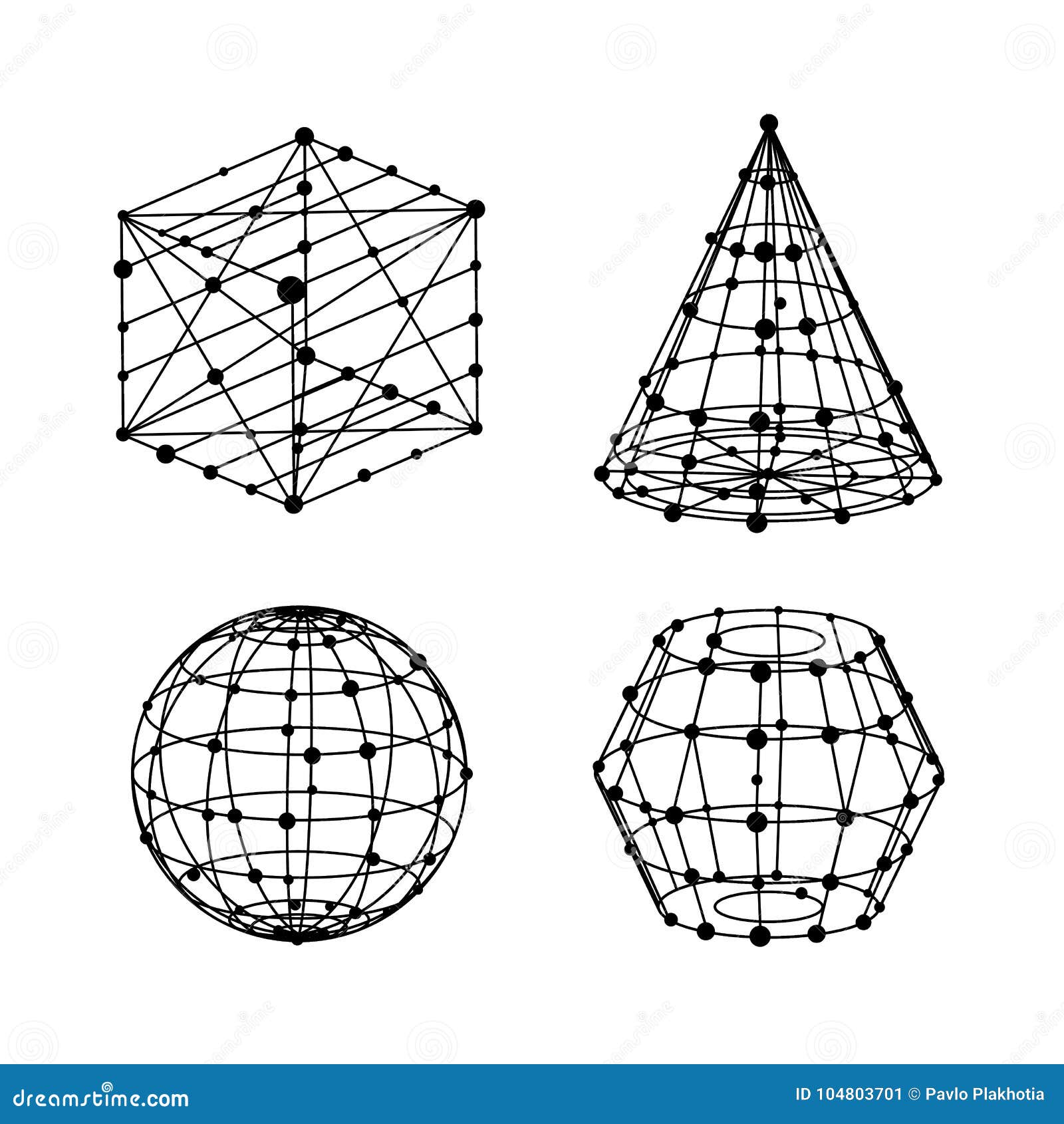 Geometry Wireframe Shapes Set. Cube, Pyramid, Ball Network Line. Vector ...