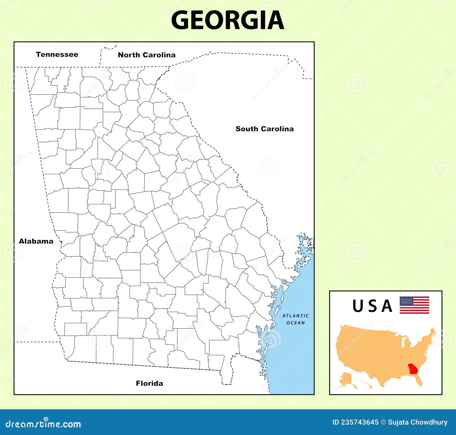 Georgia Map. Political Map of Georgia with Boundaries in Outline Stock ...