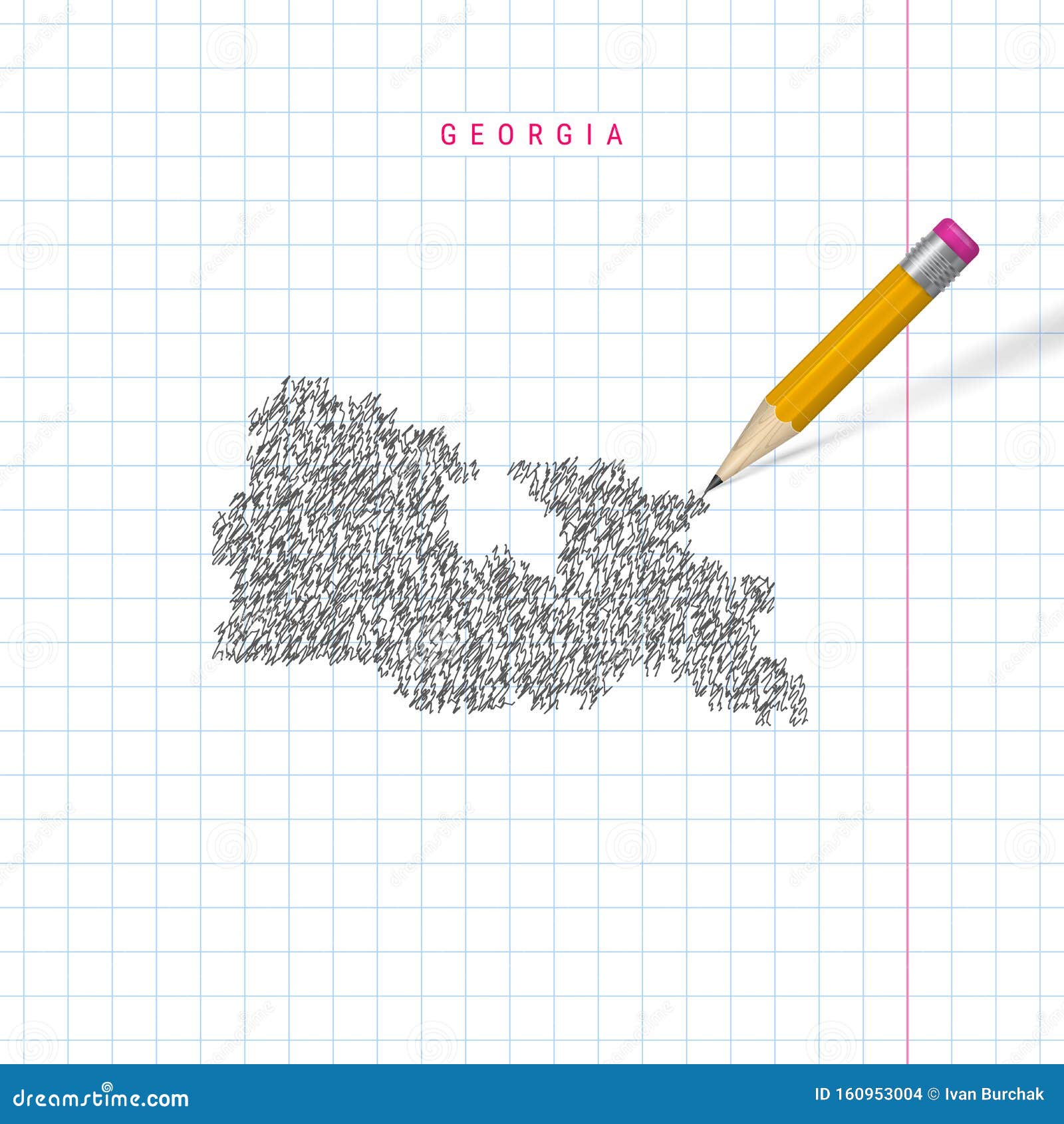 Georgia Sketch Scribble Vector Map Drawn on Checkered School Notebook Paper Background Stock ...