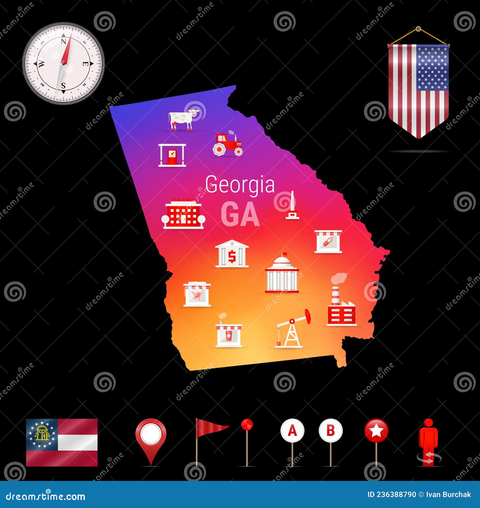 Georgia Vector Map, Night View. Compass Icon, Map Navigation Elements ...