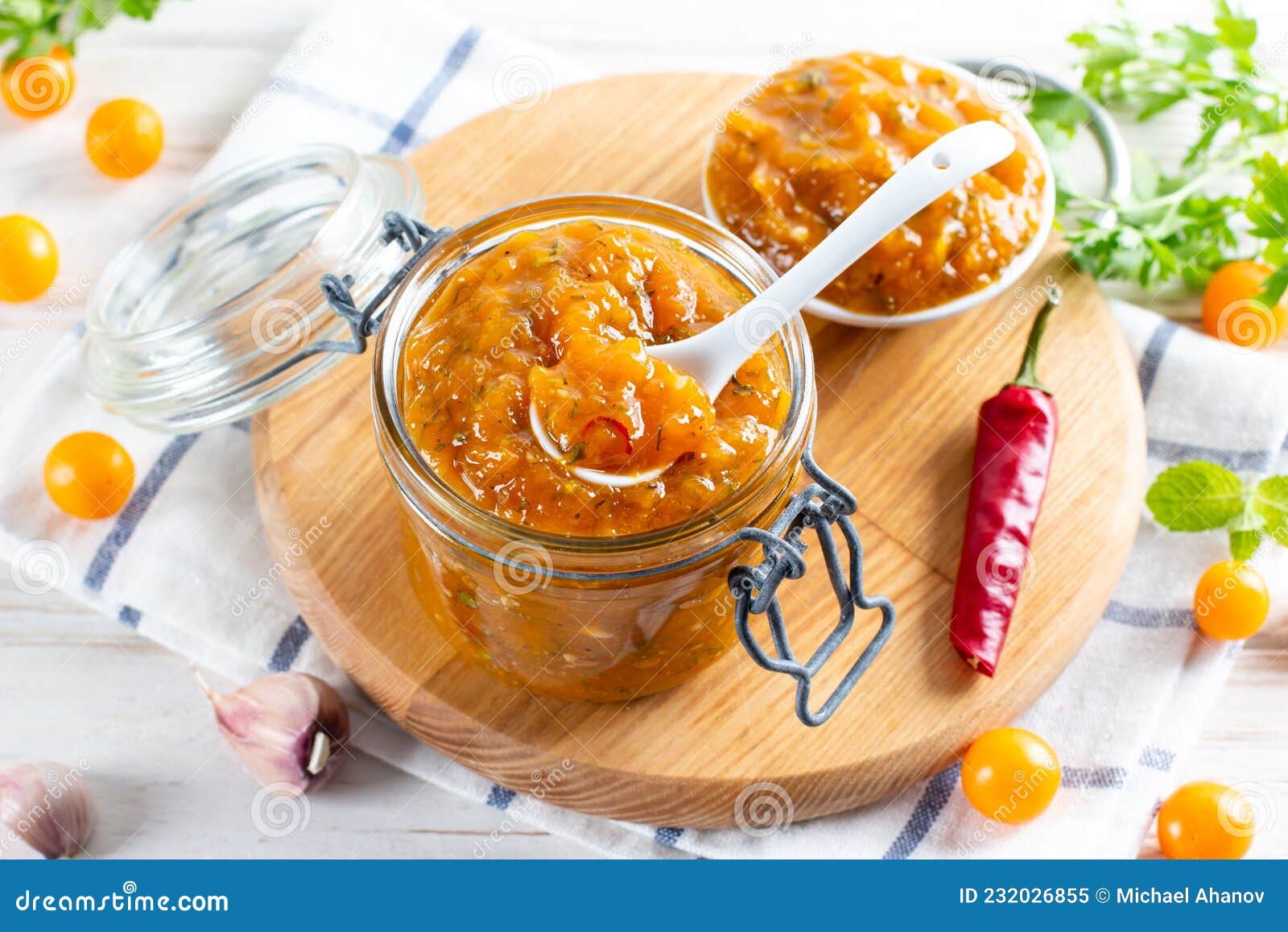 Georgian Tkemali Sauce with Ingredients on White Table Stock Image ...