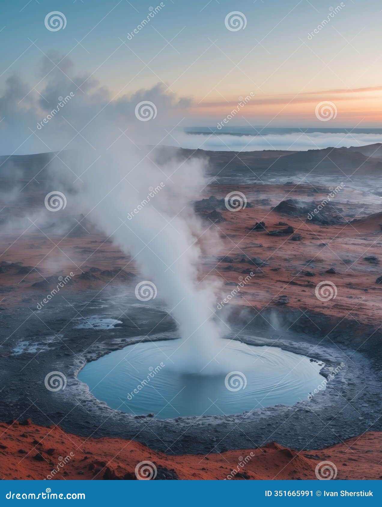 Geothermal Spring Erupts Steam Amidst Volcanic Landscape Stock Image ...