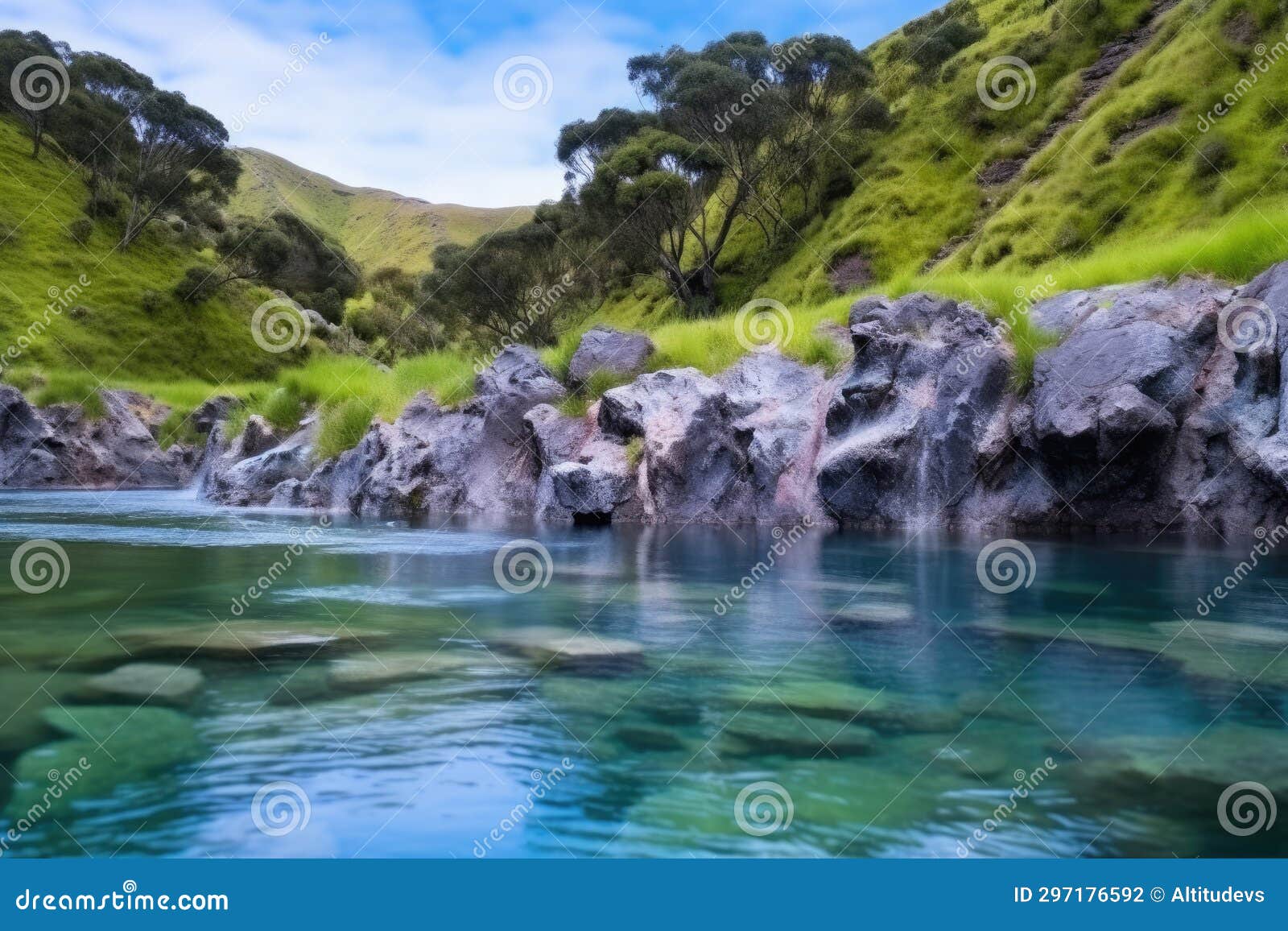 Geothermal Waters Cascading Down Rocks into a Hot Spring Pool Stock ...