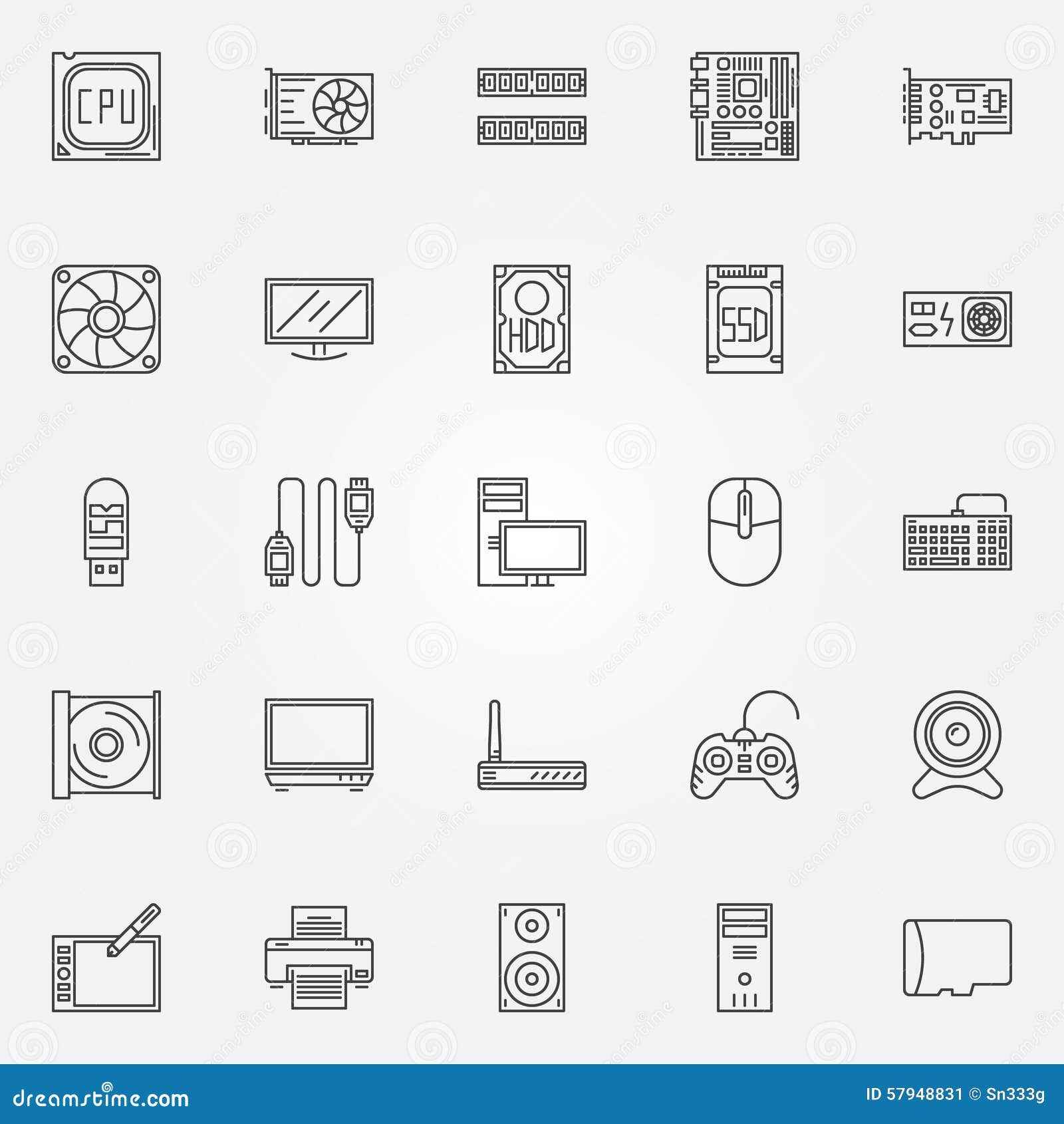 Geplaatste De Pictogrammen Van Computercomponenten Vector Illustratie ...