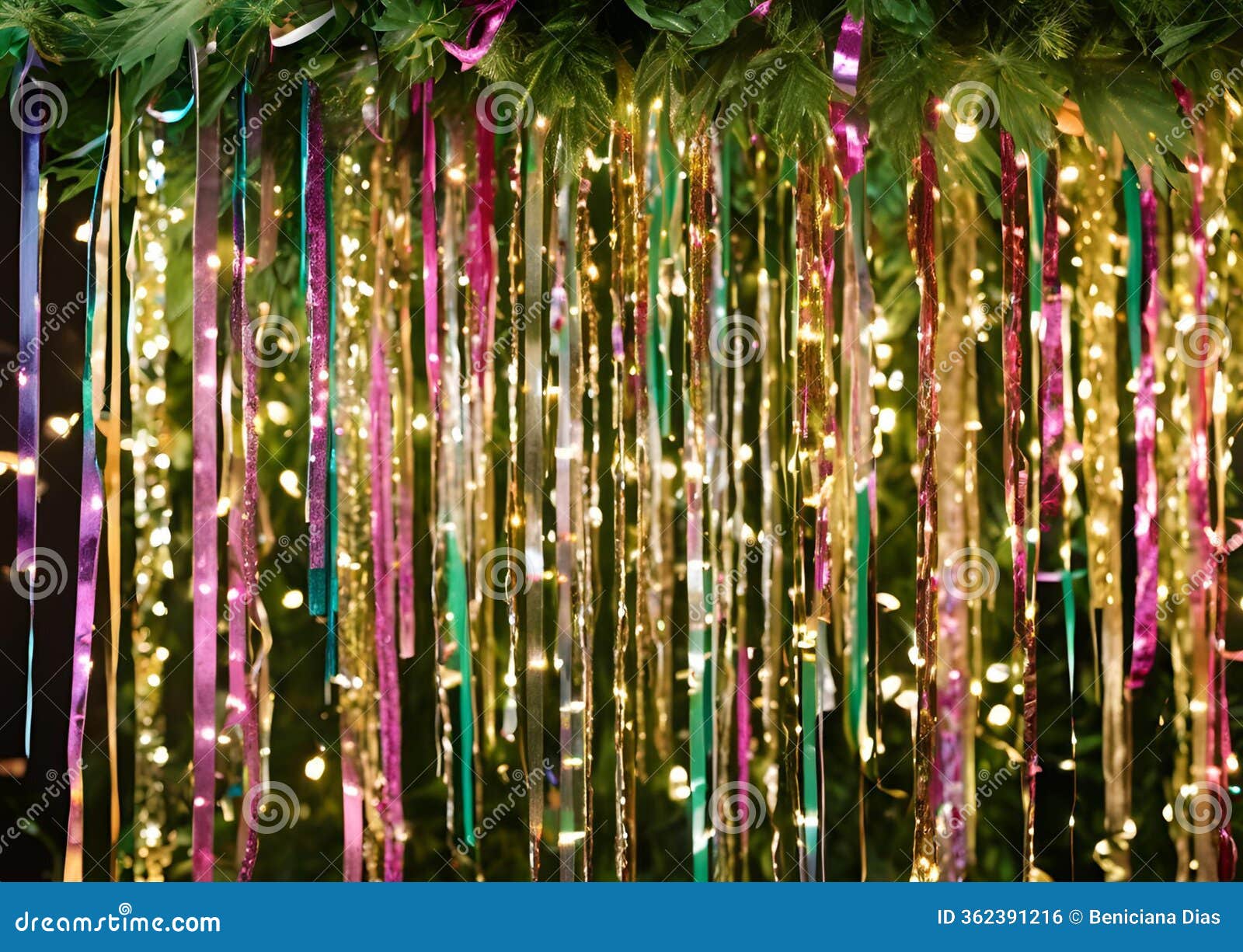 Colorful Hanging Streamers in Pink, Gold, Green, and Purple Cascade ...