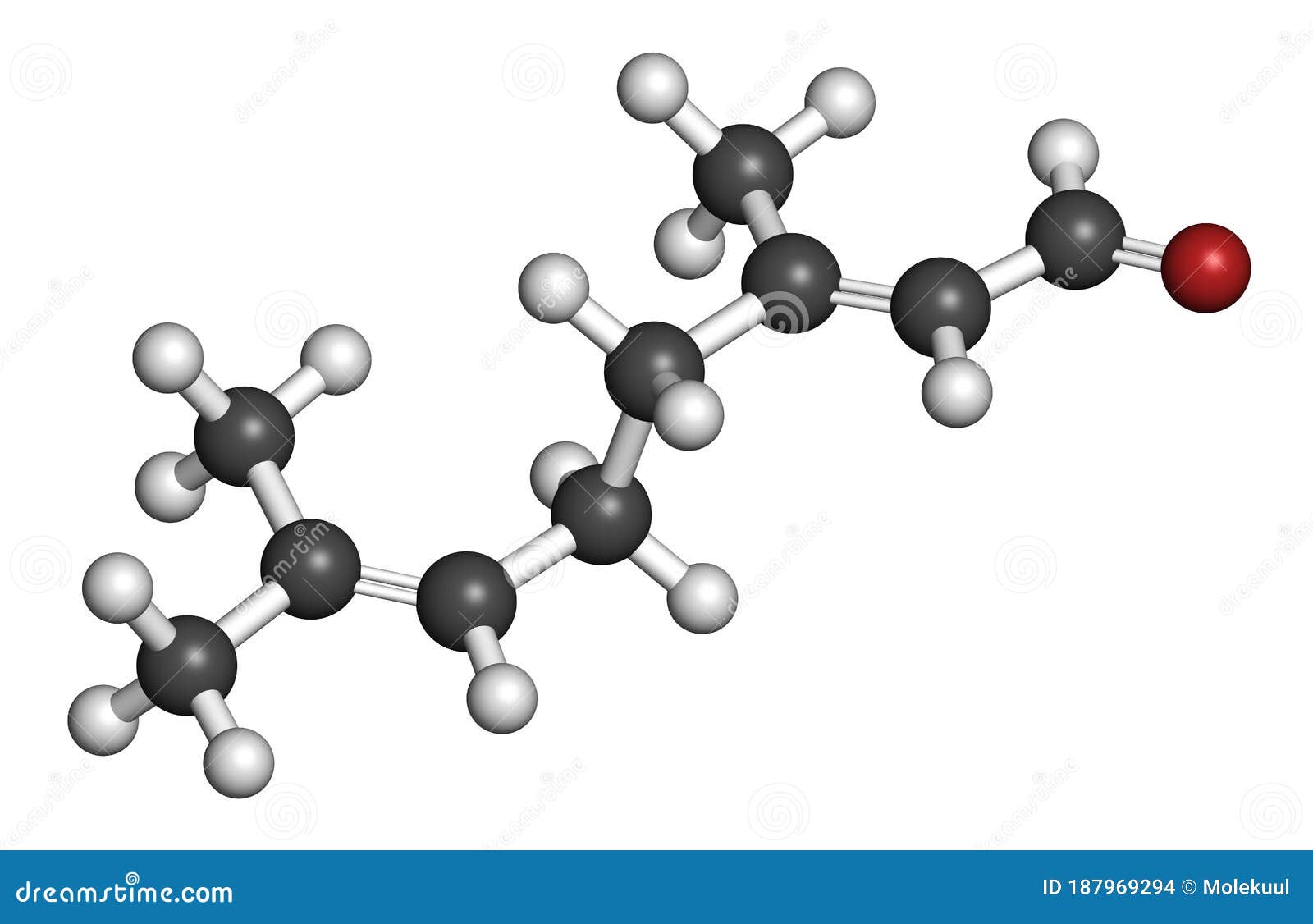 Geranial Lemon Fragrance Molecule. 3D Rendering. Atoms are Represented ...