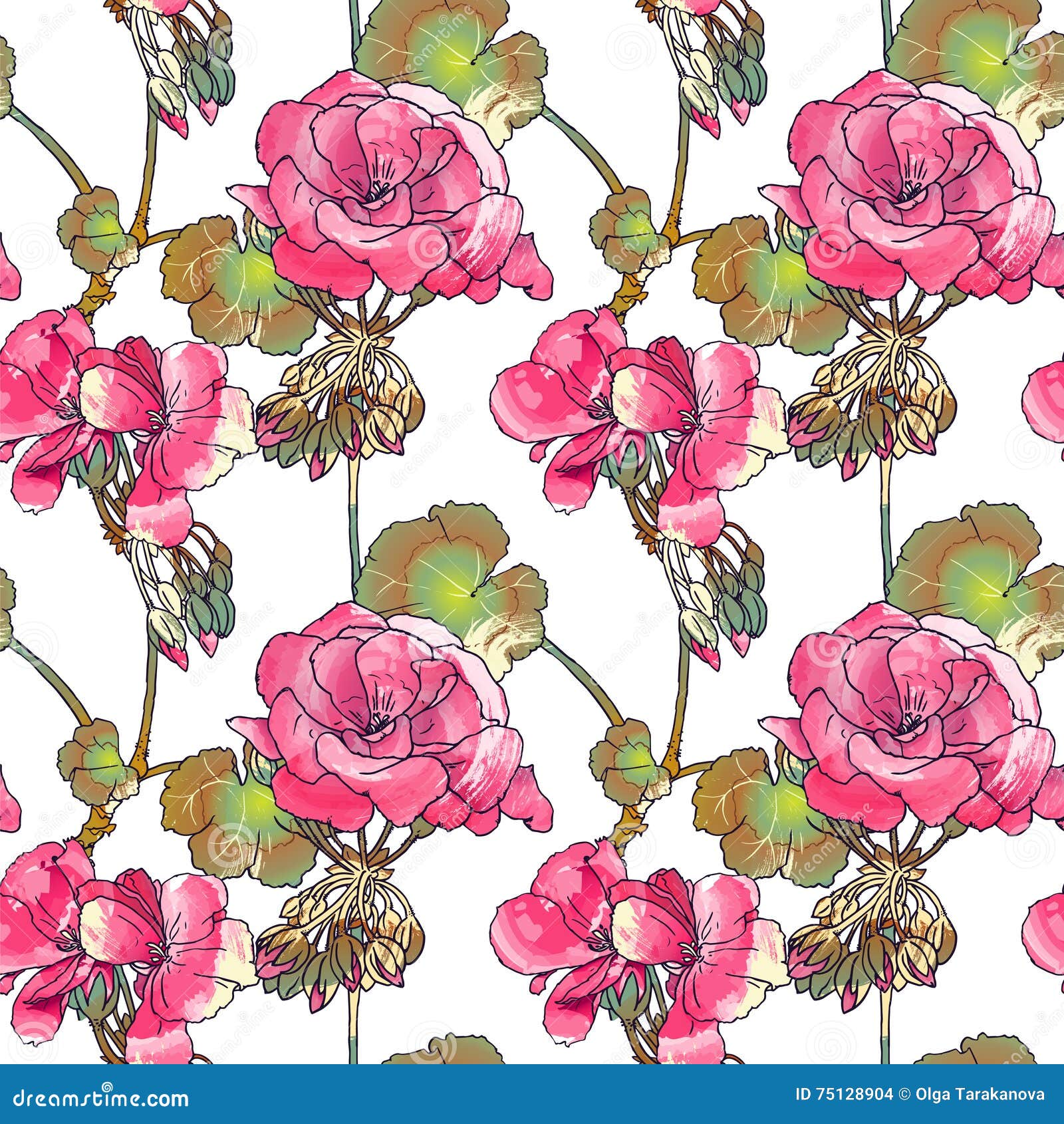 Geranium Flowers, Buds, Leaves Stock Illustration - Illustration of ...