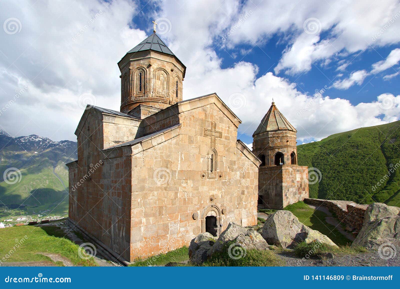 Gergeti Trinity Church, Tsminda Sameba on Blue Sky with Clouds ...