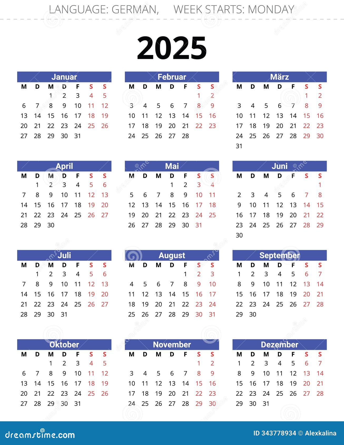GERMAN Annual Calendar. 2025 Year Stock Vector - Illustration of month ...