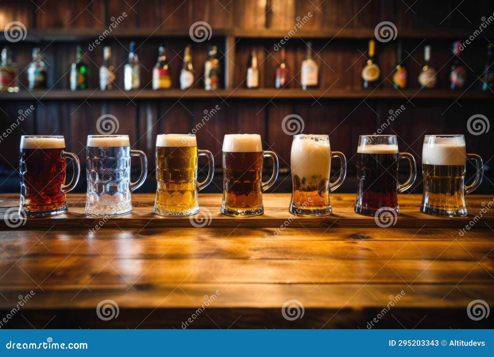 German Beer Steins Lined Up on a Wooden Table Stock Image - Image of ...