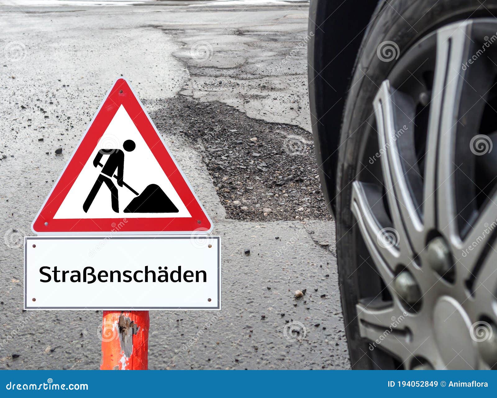 German Beware of Road Damage Stock Image - Image of beware, asphalt ...