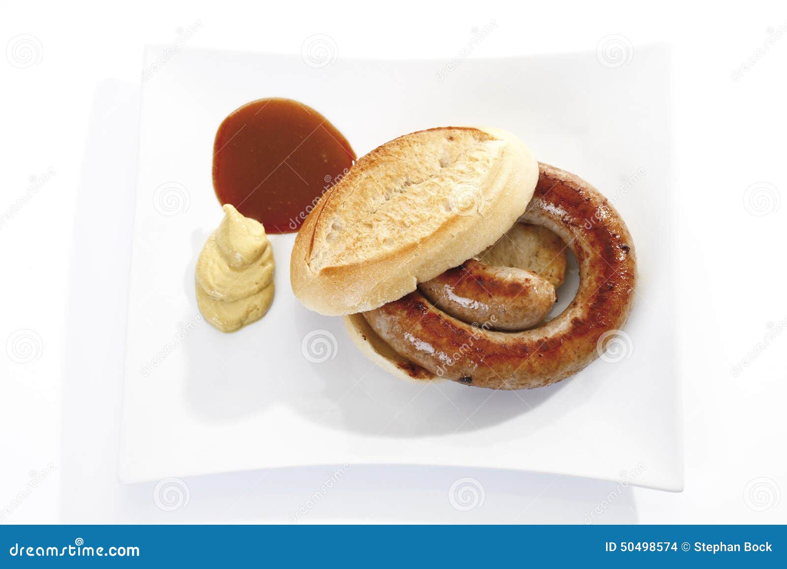 German Bratwurst, Fried Sausage and Bread Roll on Plate Stock Photo ...