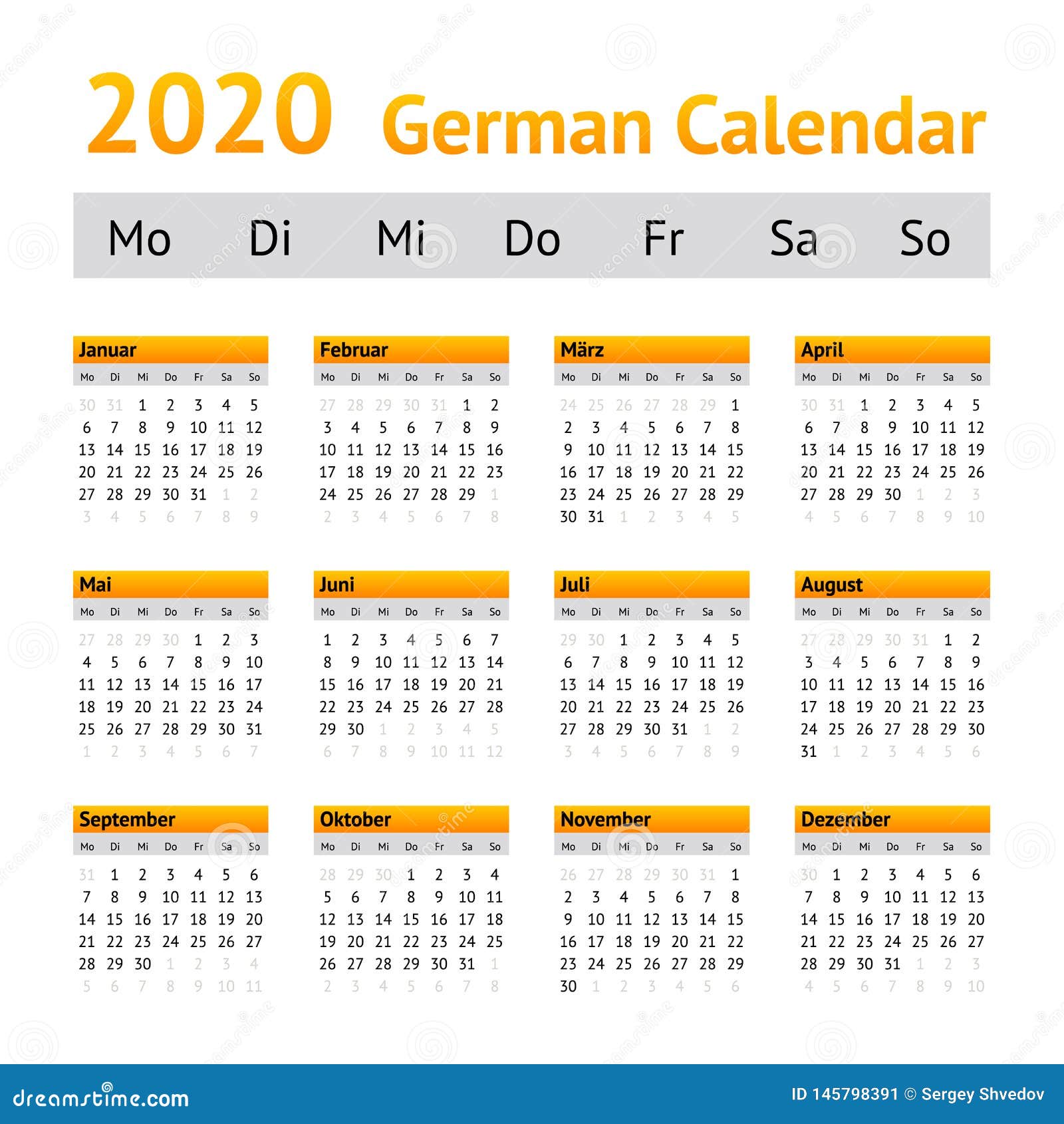 2020 German Calendar stock vector. Illustration of 2020 - 145798391