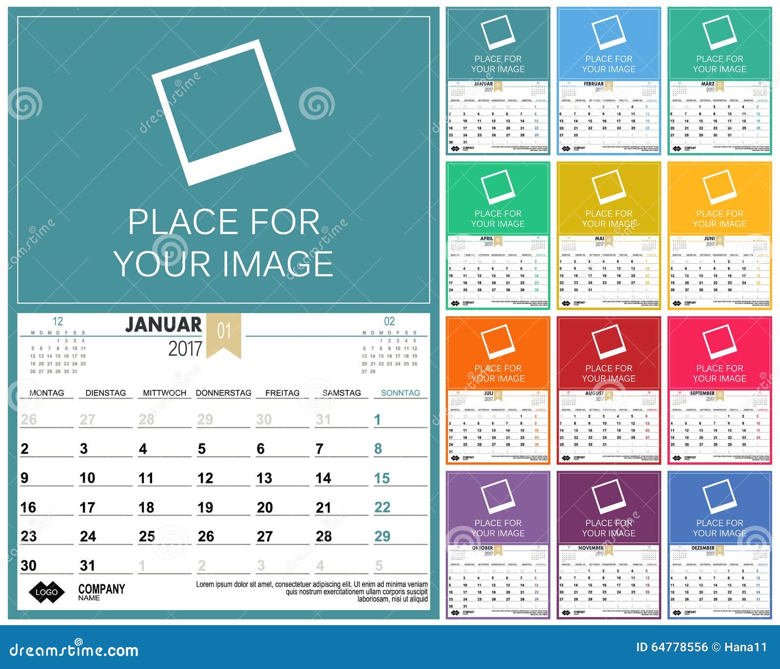 German Calendar 2017 stock vector. Illustration of calendar - 64778556