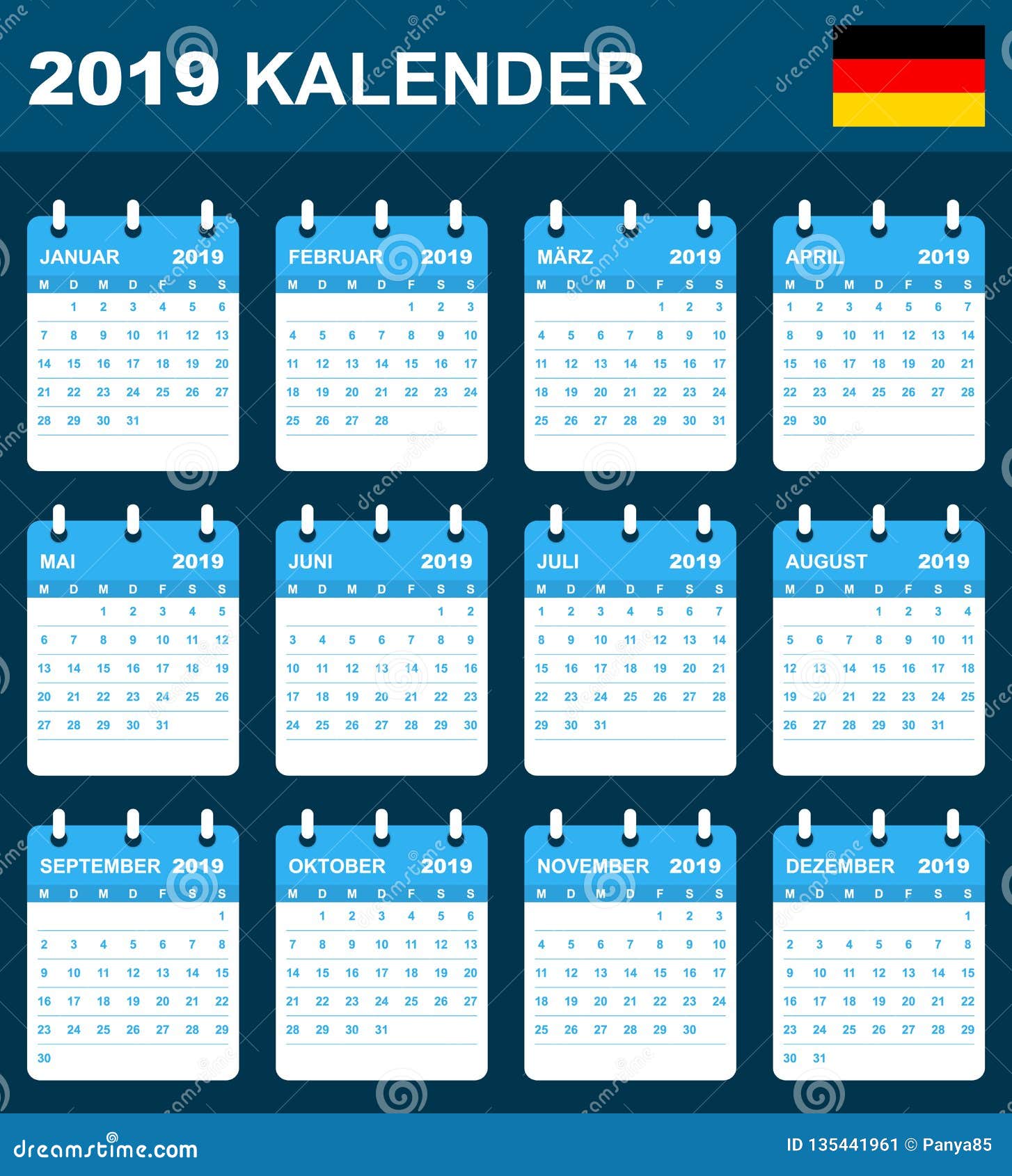 German Calendar for 2019. Scheduler, Agenda or Diary Template Stock ...