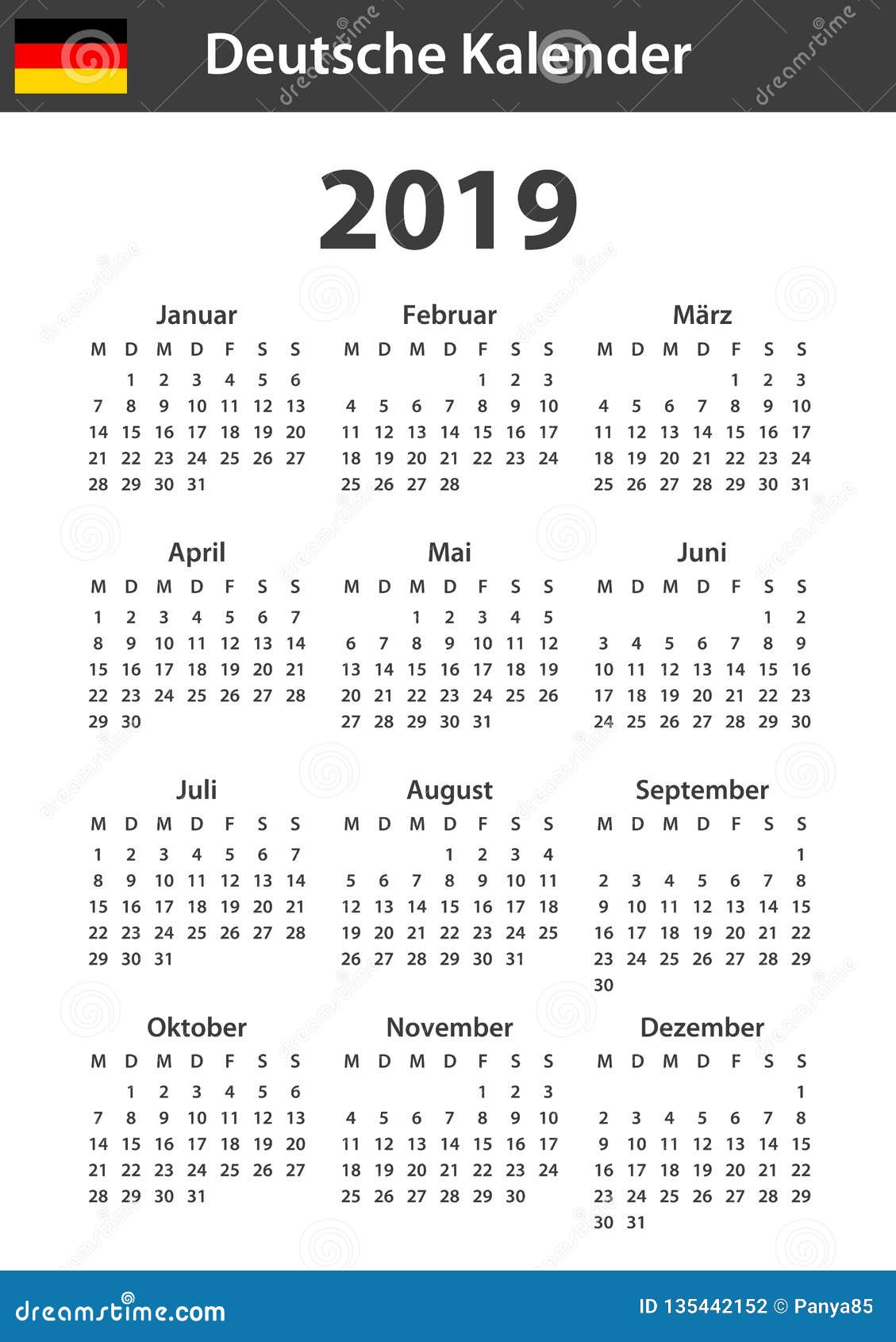 German Calendar for 2019. Scheduler, Agenda or Diary Template Stock ...