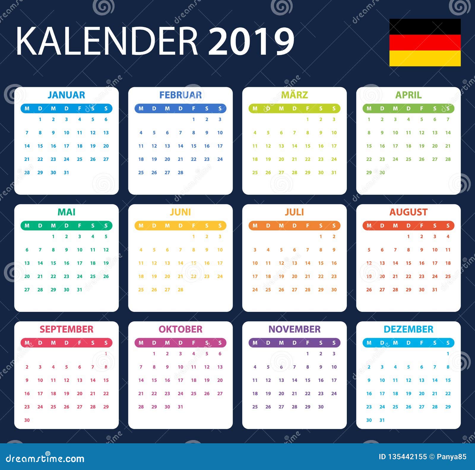 German Calendar for 2019. Scheduler, Agenda or Diary Template Stock ...