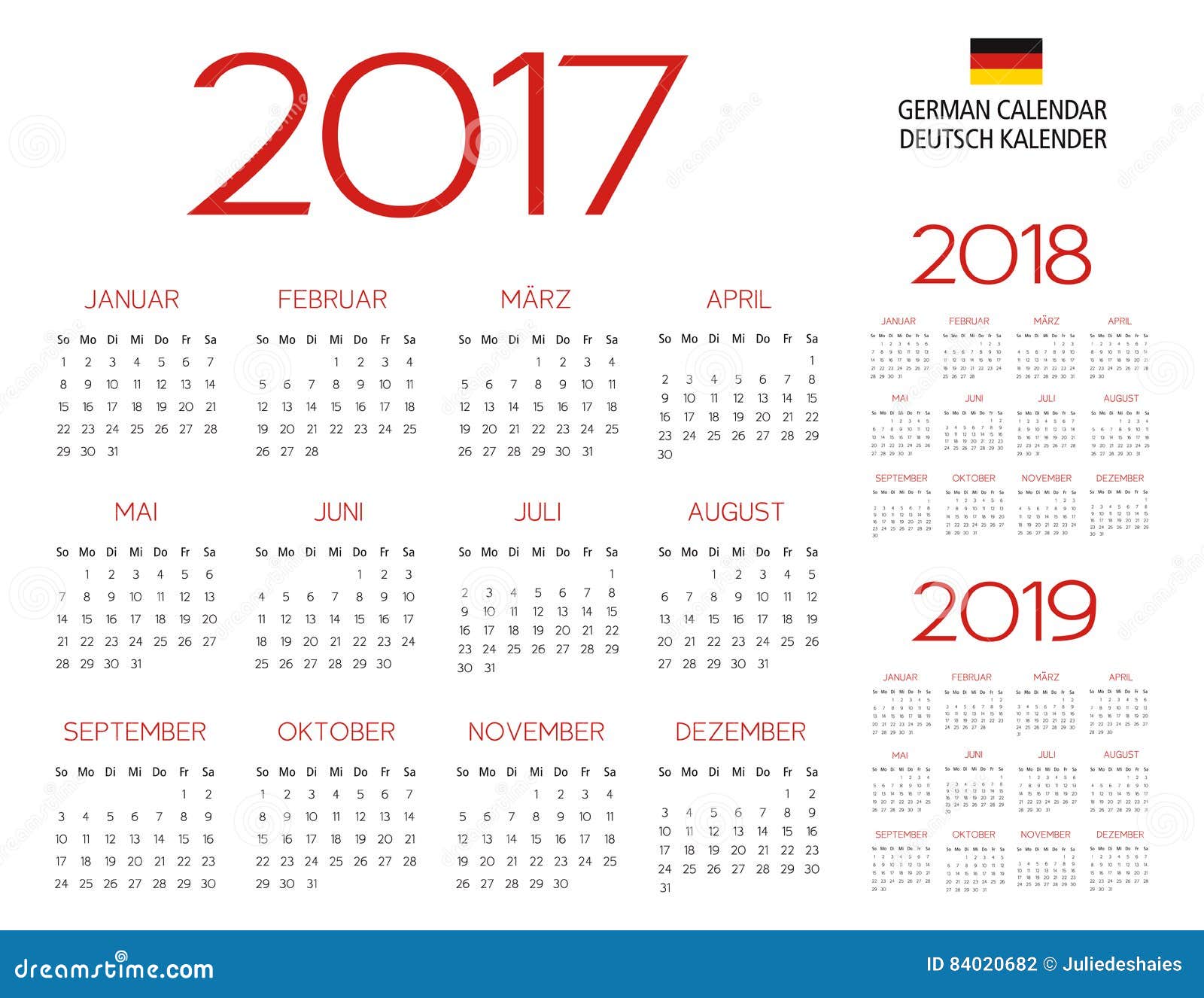 German Calendar 2017-2018-2019 Template Stock Vector - Illustration of ...