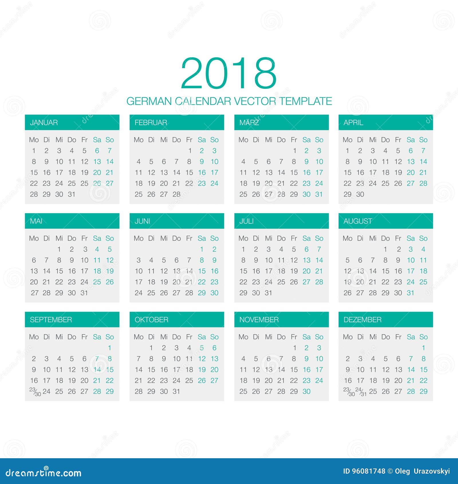 German Calendar Vector 2018 Stock Illustration - Illustration of modern ...