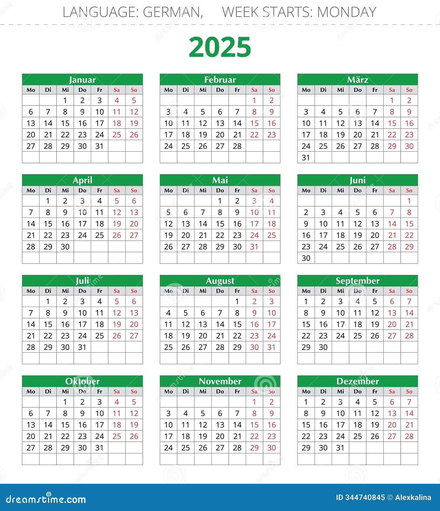 GERMAN Calendar on 2025 Year. Vector Illustration for Germany (kalender ...