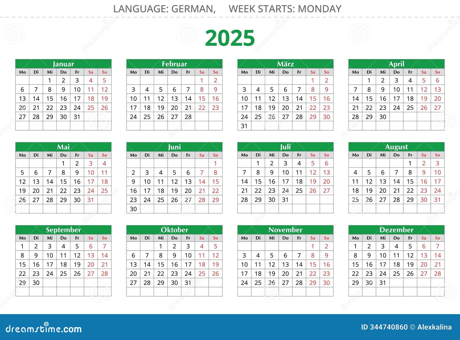 GERMAN Calendar on 2025 Year. Vector Illustration for Germany (kalender ...