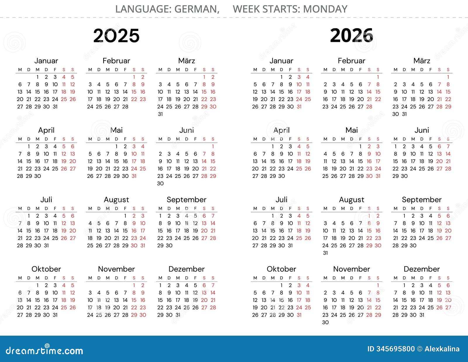 2025 and 2026 German Calendars. Printable Vector Illustration Sets ...