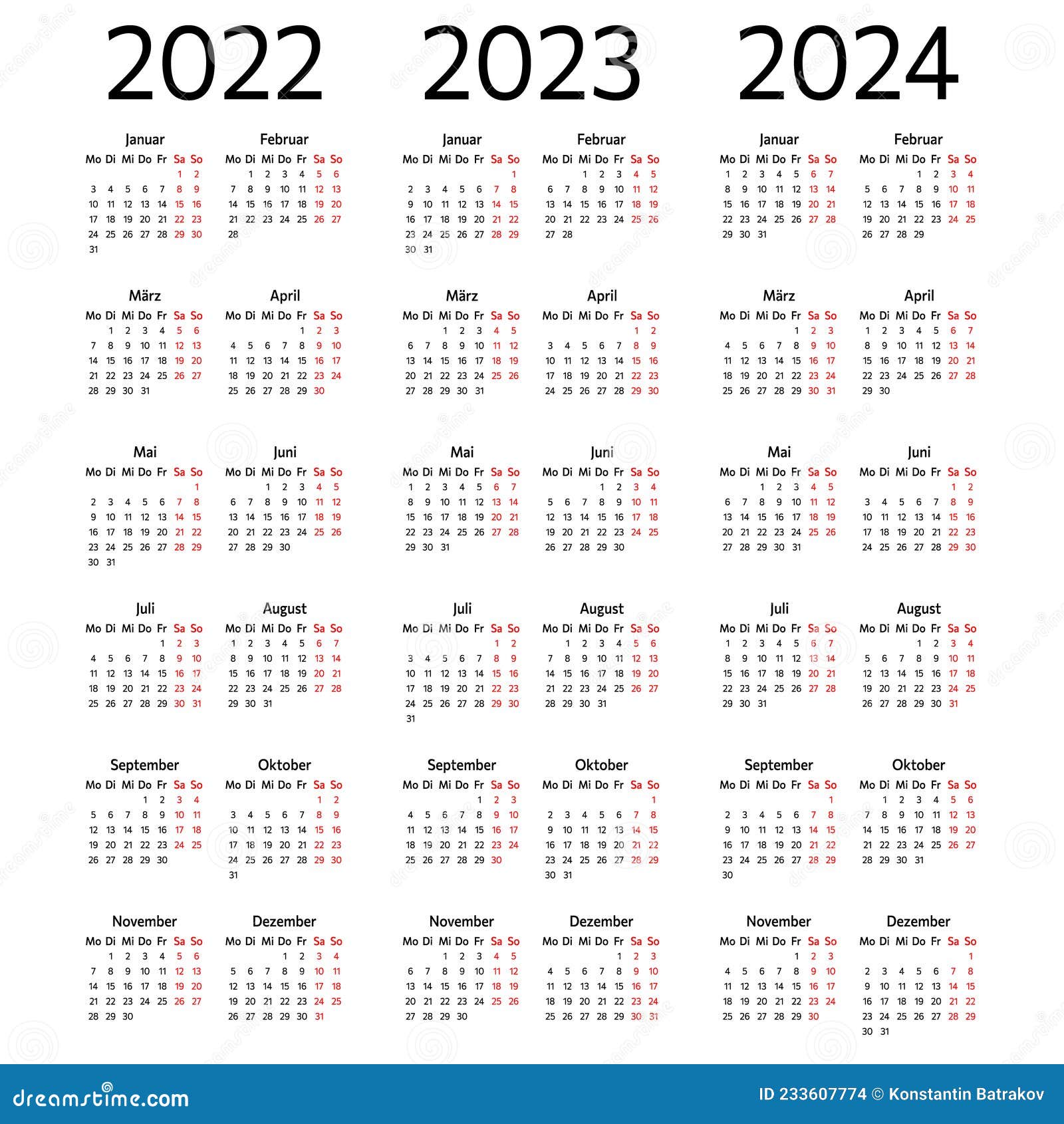 German Calendars Set For 2022, 2023, 2024. Vector Illustration ...