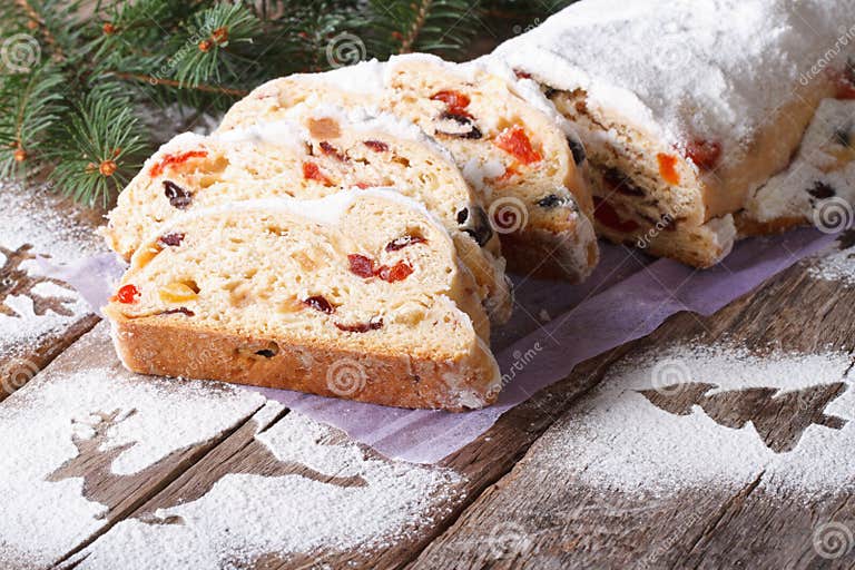 German Christmas Fruit Cake Stollen Close-up on the Table. Stock Image ...