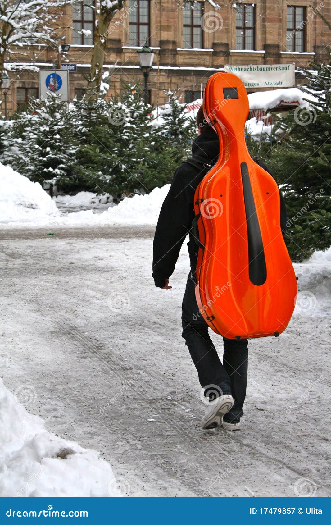 Man with Red Cello in Winter Editorial Photography - Image of cello ...