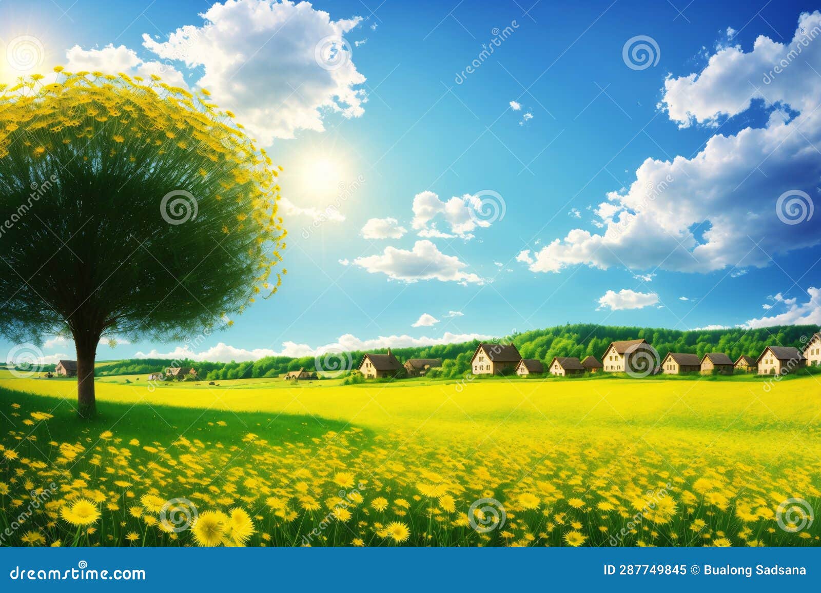 German Dandelion and Village Meadow. Stock Illustration - Illustration ...