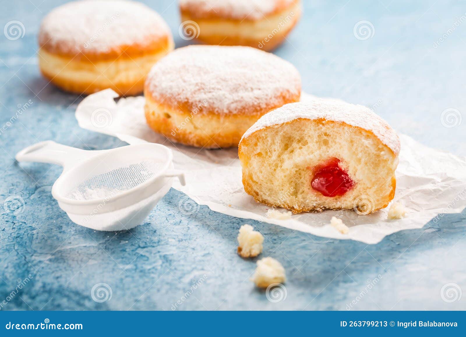German Donuts - Berliner Filled with Strawberry Jam with Icing Sugar ...