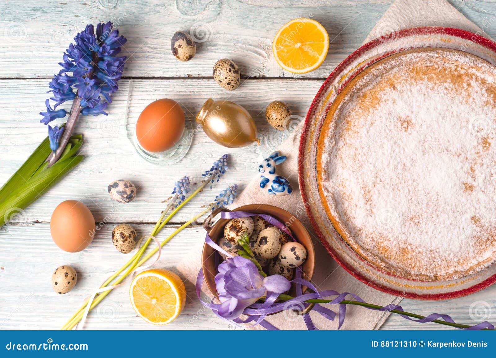 German Easter Cake with Decoration and Flower on the White Wooden Table ...