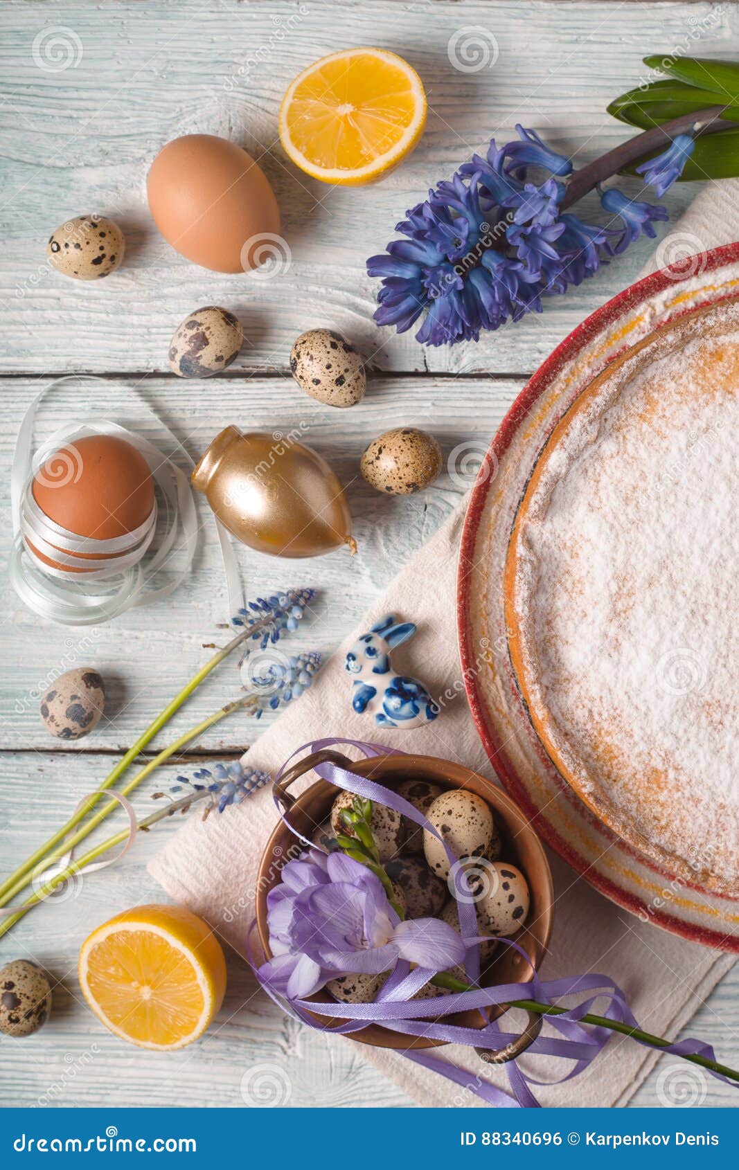 German Easter Cake, Eggs, Flowers, Ribbons on the Table Top View Stock ...