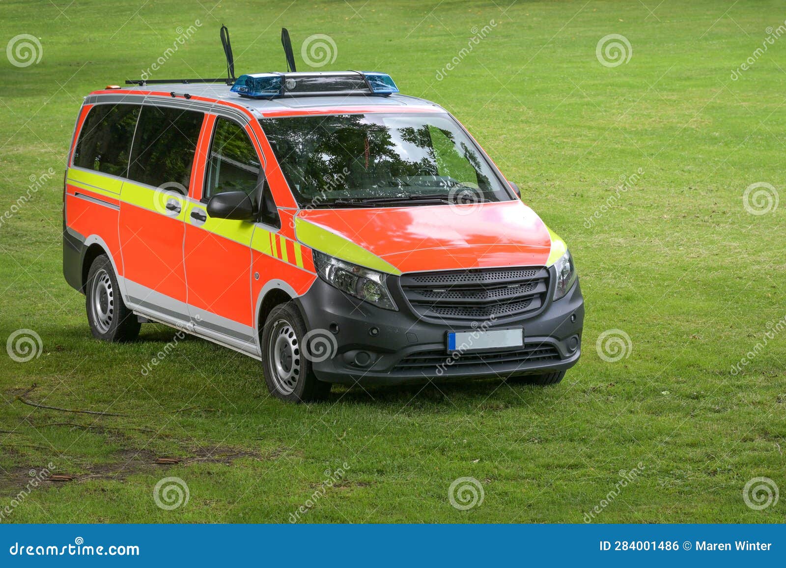 German Emergency Vehicle or Fire Engine on a Meadow, Red Yellow Marked ...