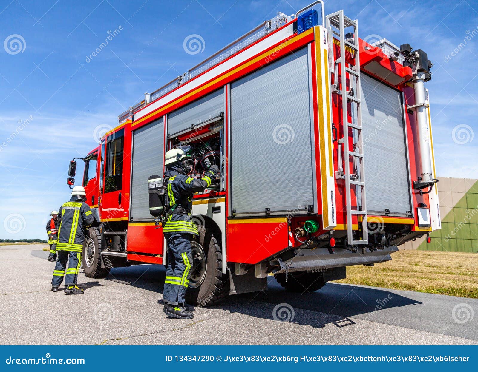 German Fire Engine with Fireman Arround Stands on a Accident Editorial ...