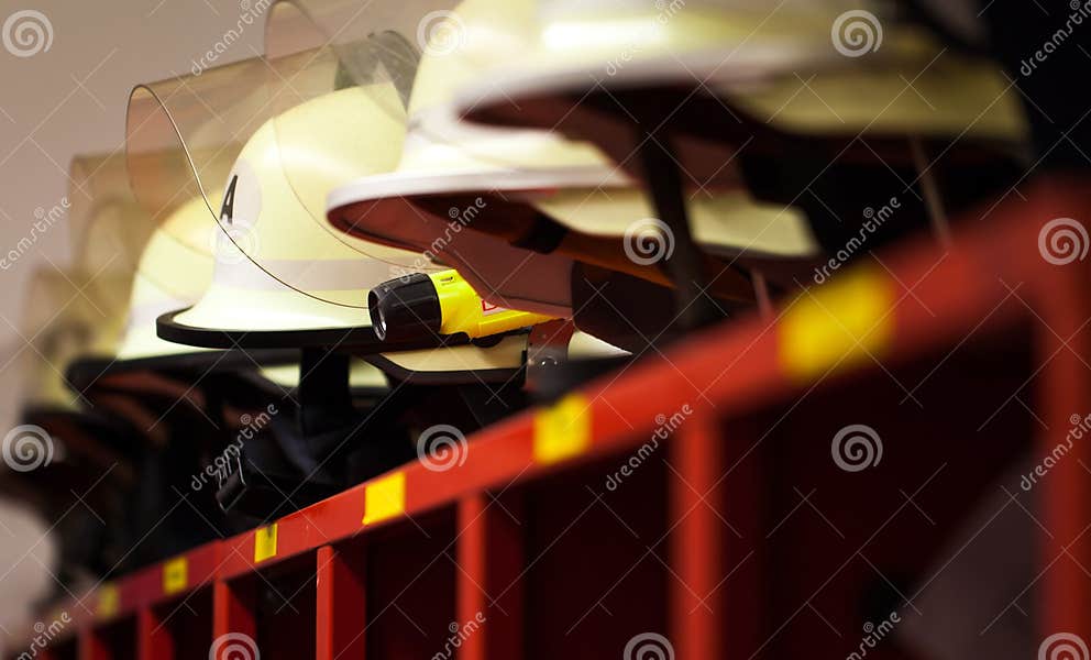 German Fire Helmets Lined with Lamp Stock Photo - Image of help ...