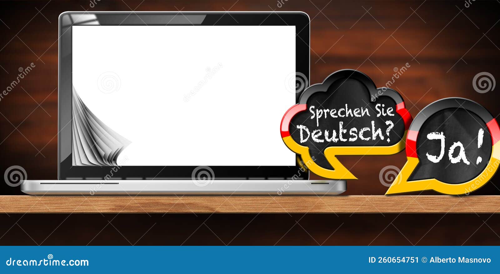 German Language Lesson - Two Speech Bubbles and a Laptop Computer Stock ...