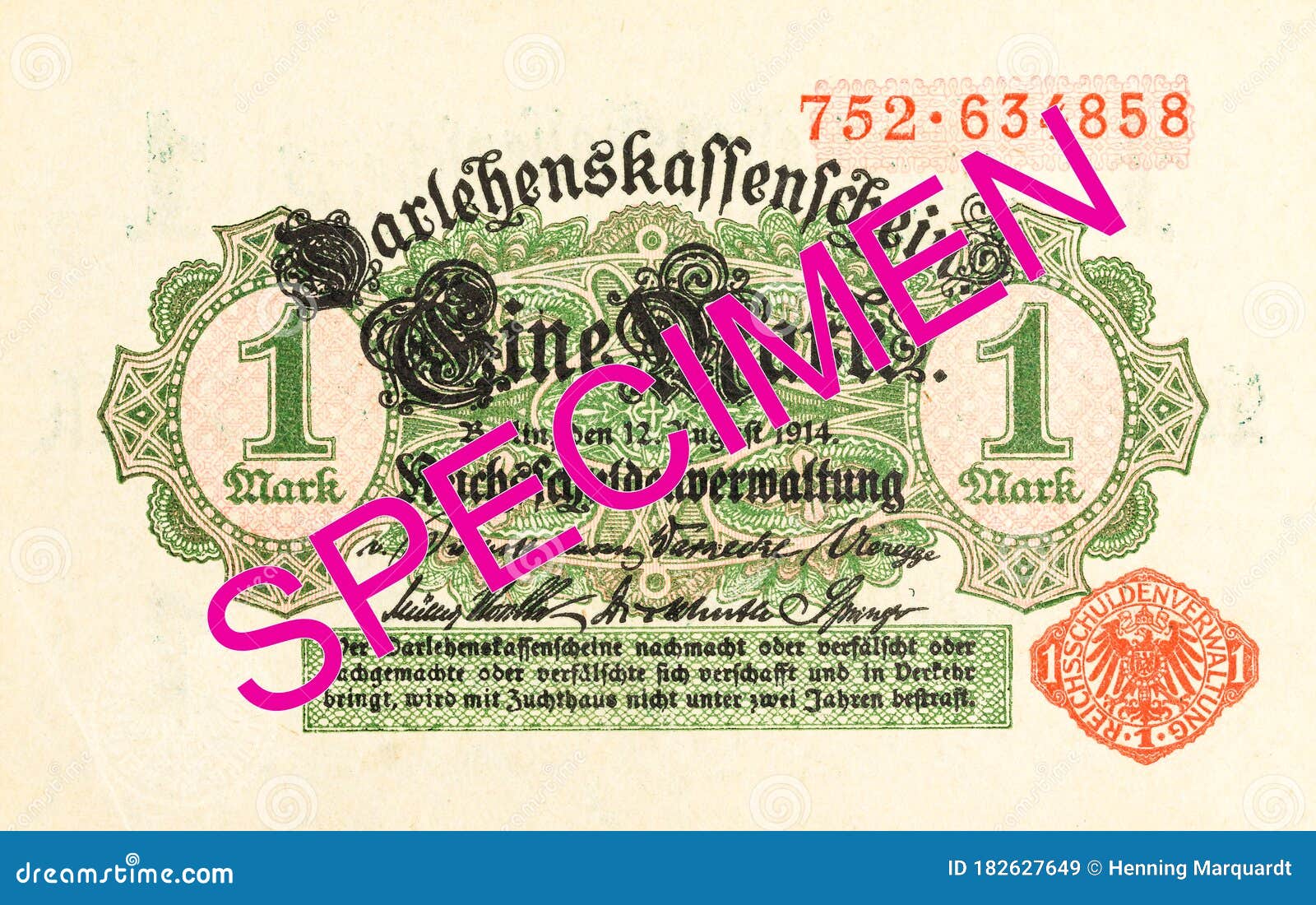 1 German Mark Bank Note 1914 Obverse Stock Image - Image of republic ...