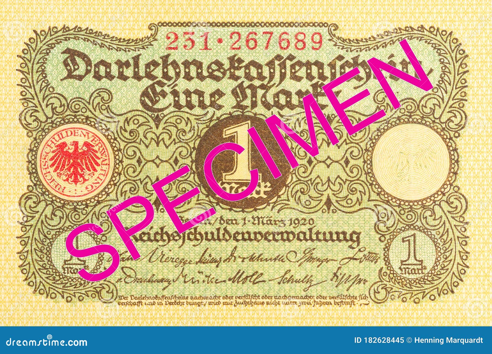 1 German Mark Bank Note 1920 Obverse Stock Image - Image of economic ...