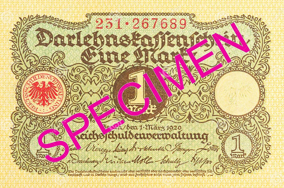 1 German Mark Bank Note 1920 Obverse Stock Image - Image of economic ...
