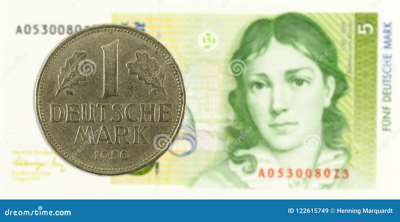 1 German Mark Coin Agains 5 German Mark Bank Note Stock Image - Image ...