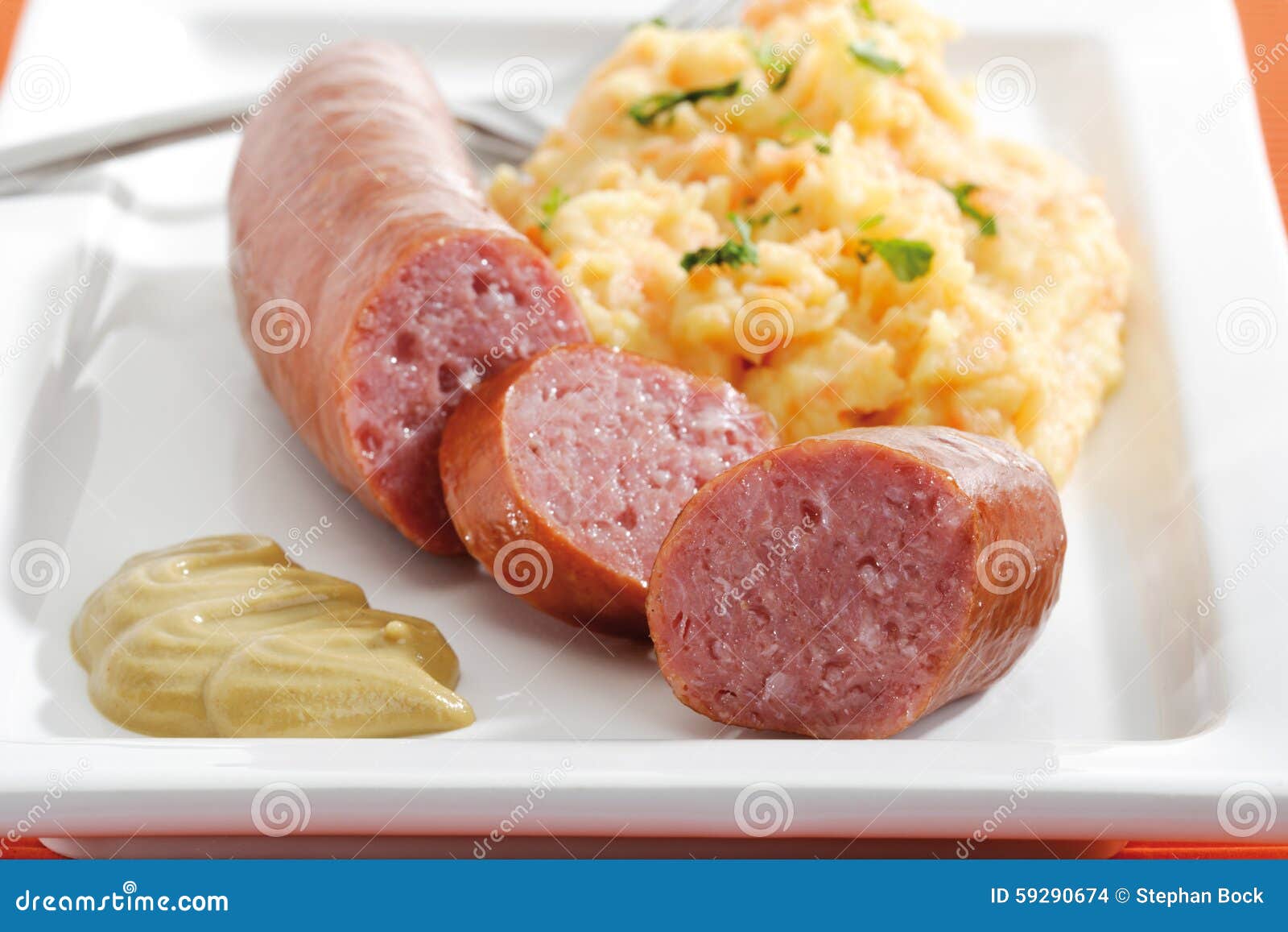 German Mettwurst with Mashed Potatoes and Mustard Stock Photo - Image ...