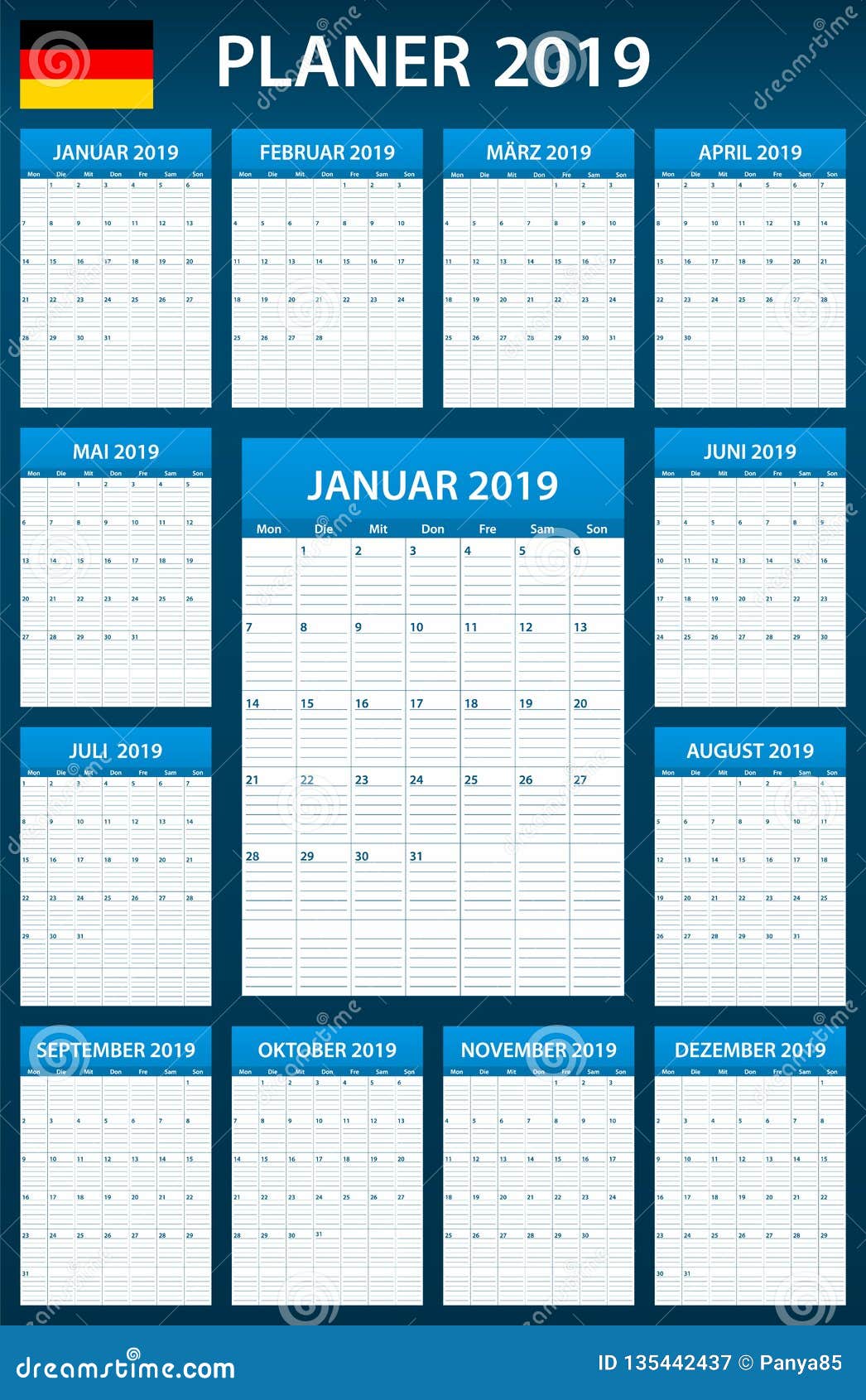 German Planner Blank for 2019. Scheduler, Agenda or Diary Template ...