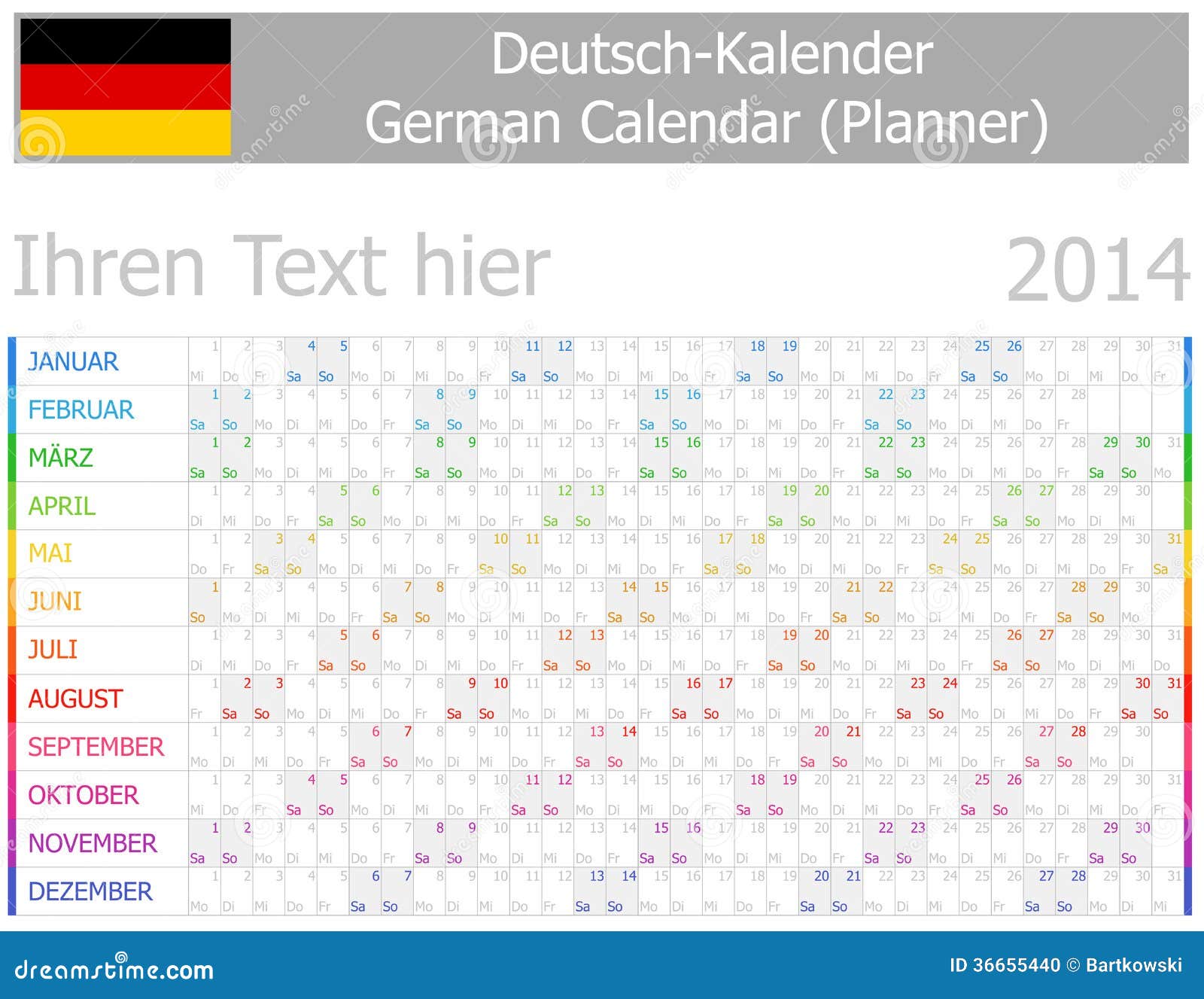2014 German Planner-2 Calendar with Horizontal Months Stock Vector ...