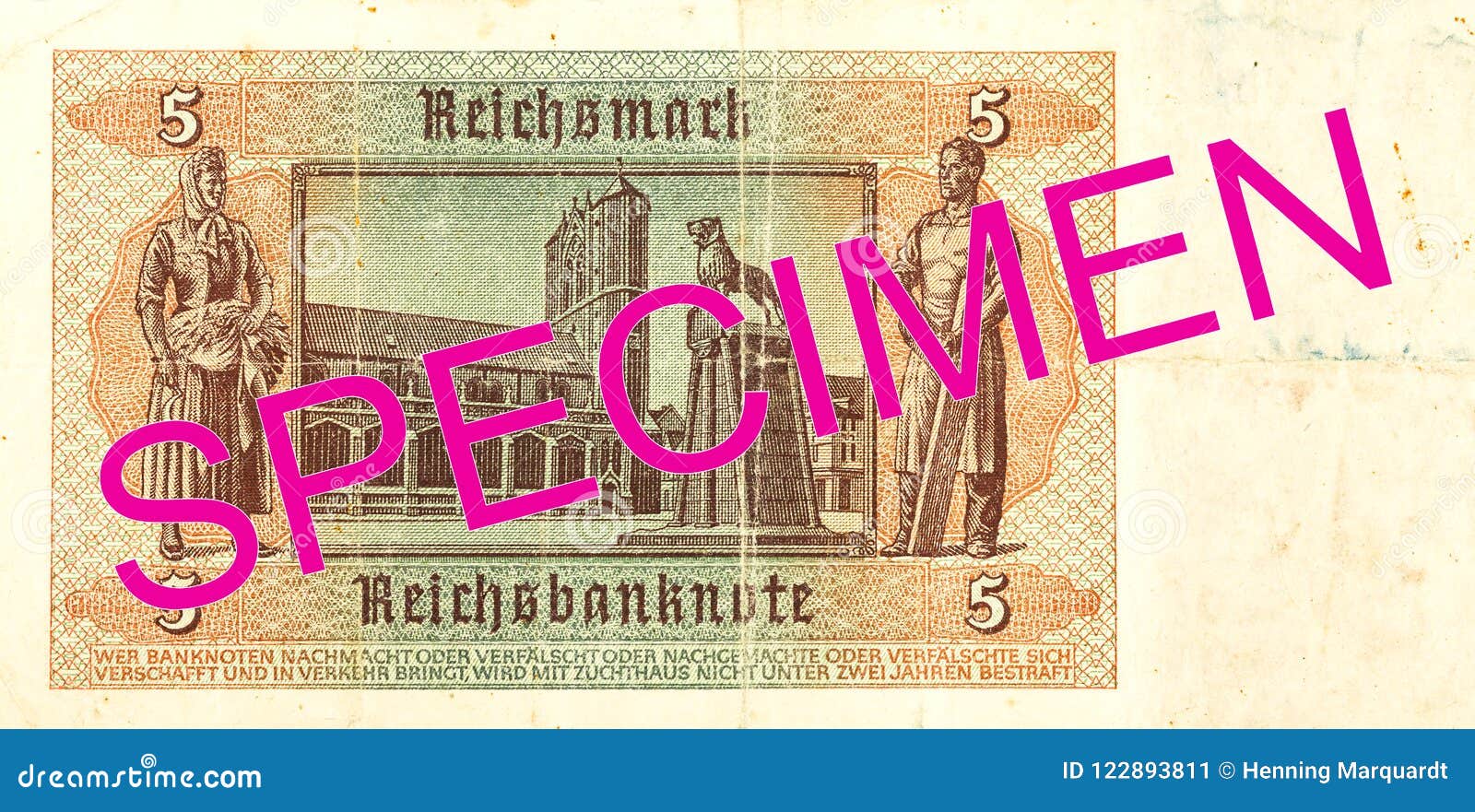 5 German Reichsmark Bank Note 1942 Reverse Stock Image - Image of ...