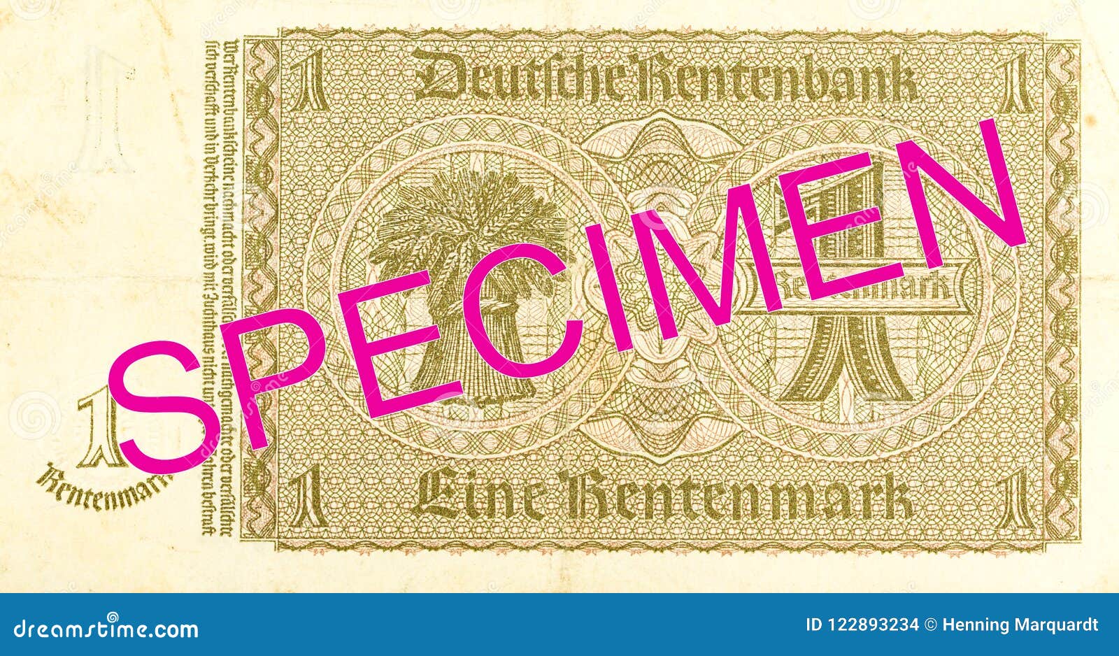 1 German Rentenmark Bank Note 1937 Reverse Stock Photo - Image of ...
