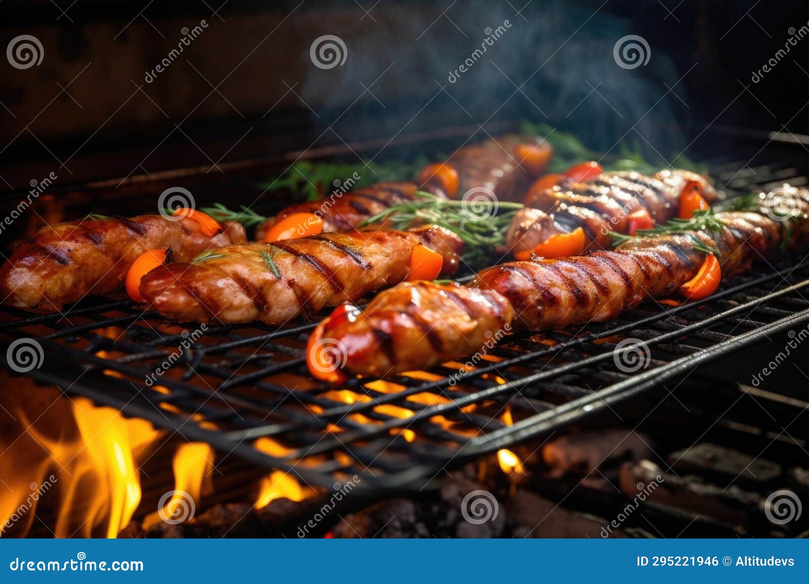German Sausages Cooking on Barbecue Grill Stock Photo - Image of german ...