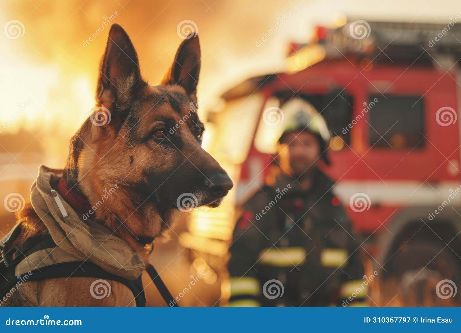 German Shepherd Dog in Front of Fire Truck and Flames Stock Image ...