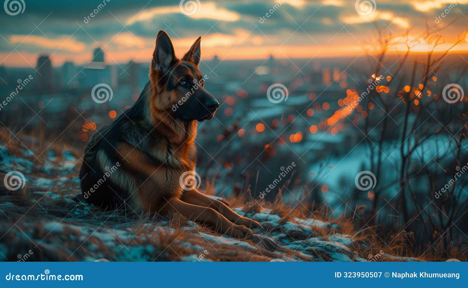 German Shepherd in a Dynamic Pose, Against the Backdrop of an Urban ...