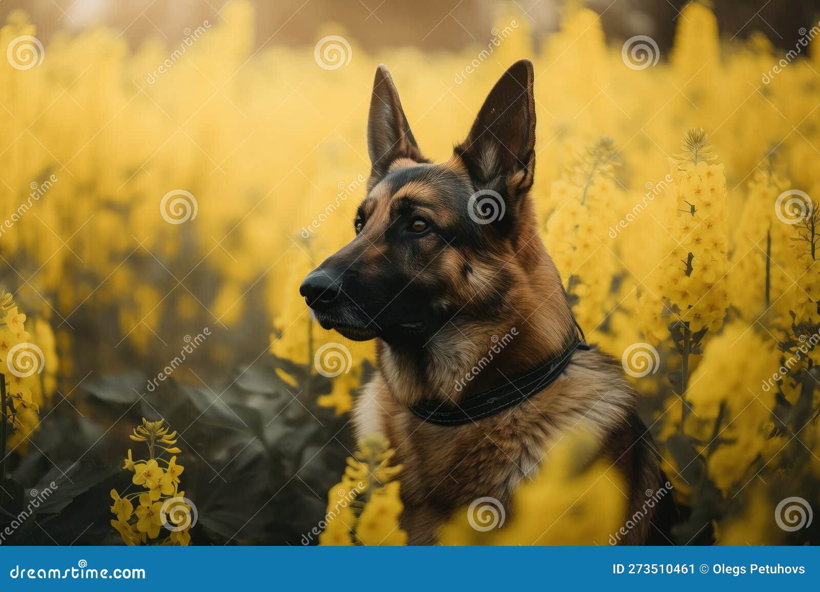 A German Shepherd in a Field of Yellow Wildflowers Stock Illustration ...